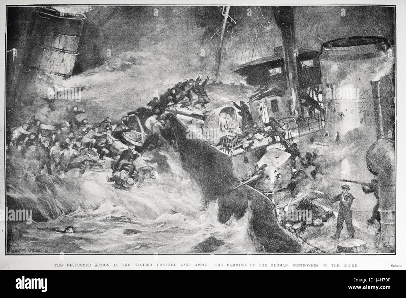 Showing the destroyer HMS Broke ramming a German destroyer in the ...