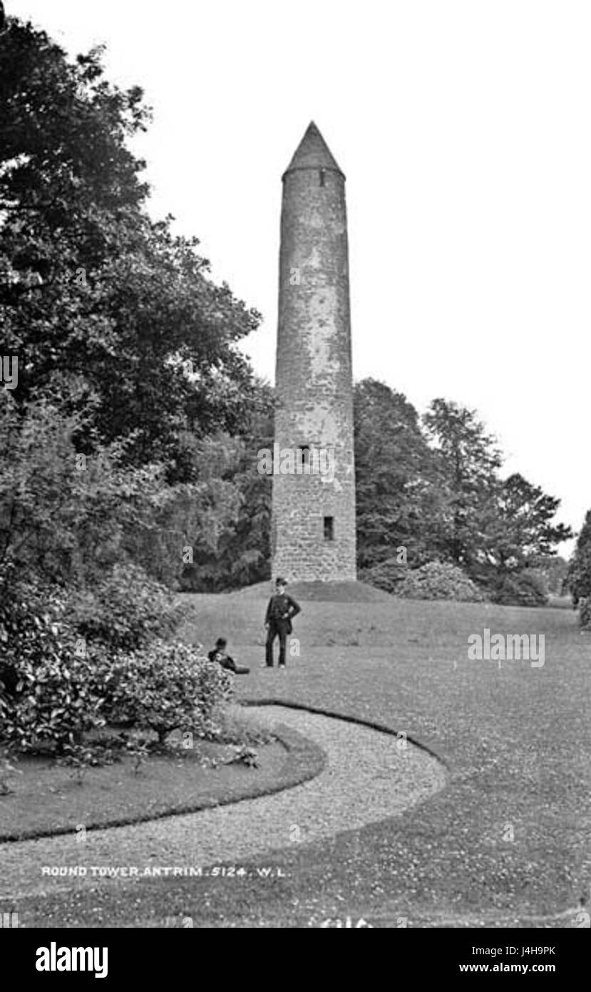 The Round Tower in Antrim, Northern Ireland, is an ancient Irish tower ...