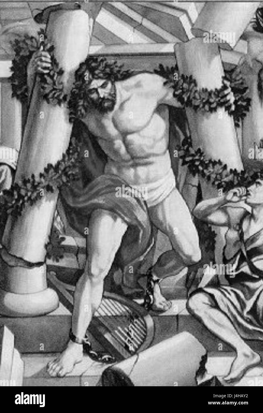 An illustration depicting the biblical scene where Samson destroys the temple of the Philistines ...
