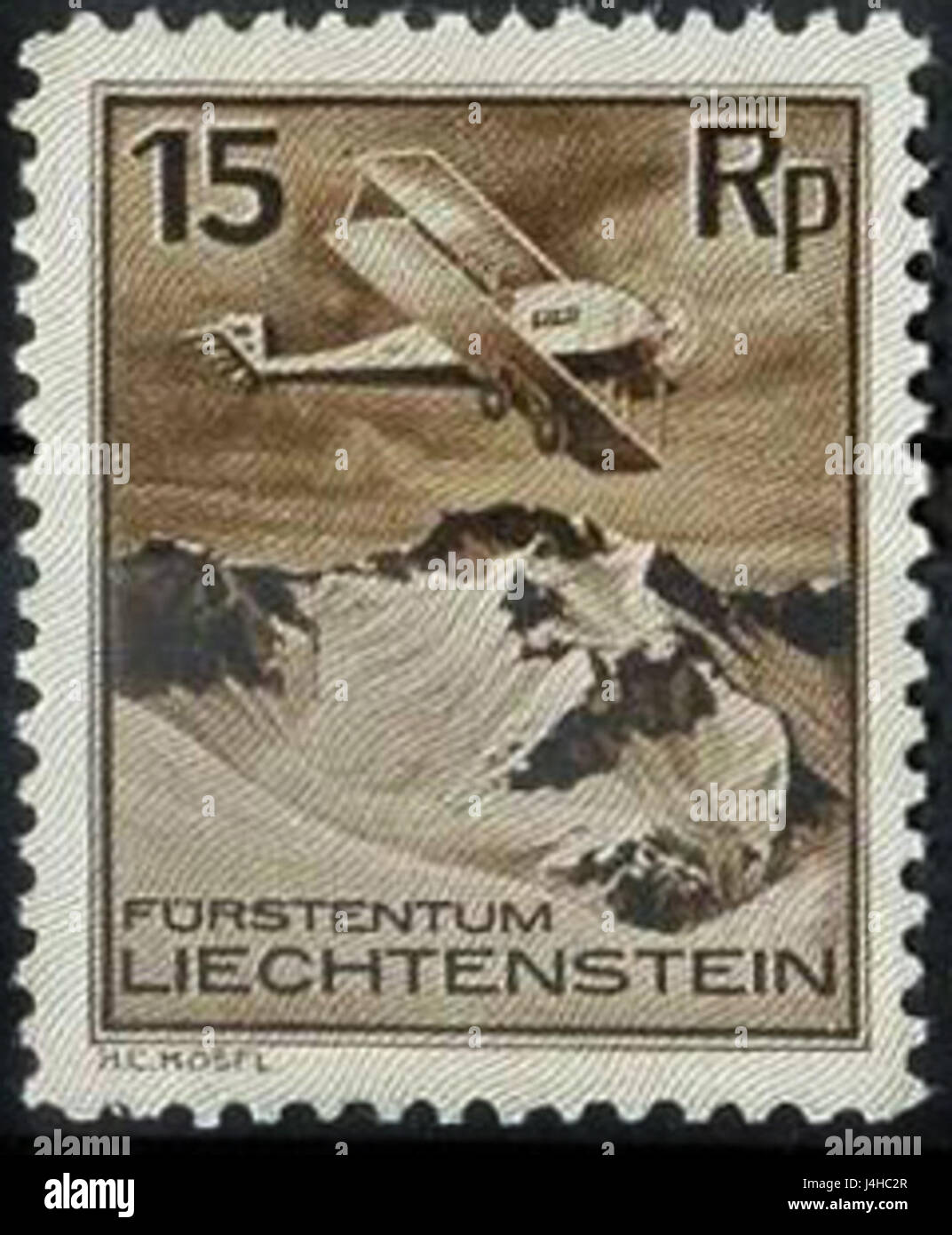 This stamp from Liechtenstein, issued in 1930, features a distinctive design and is cataloged as ...