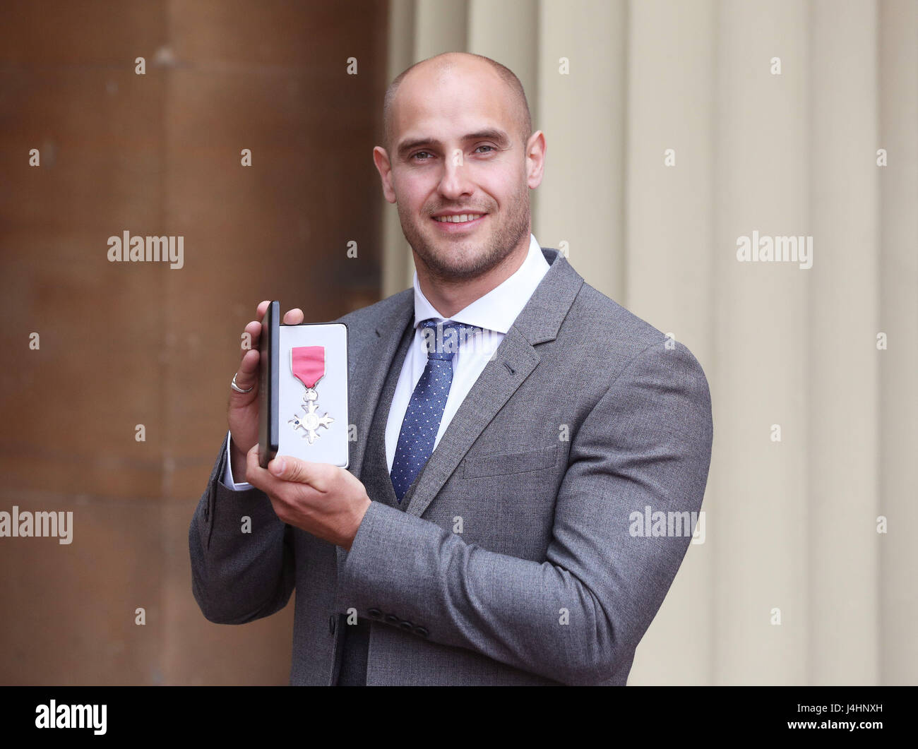 Liam Heath after he was awarded an MBE by the Duke of Cambridge during ...