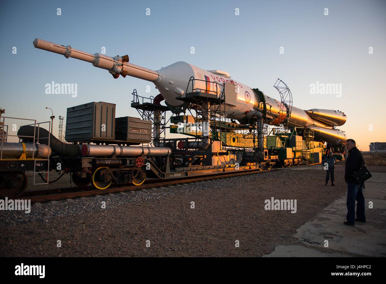 A train rolls the Soyuz MS-04 spacecraft rocket to the Baikonur ...