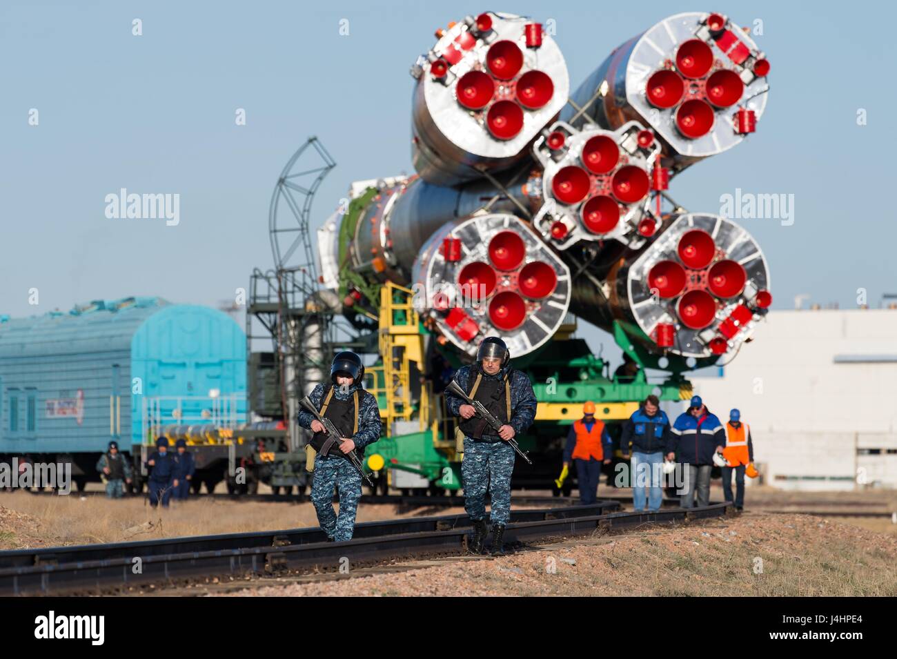 A train rolls the Soyuz MS-04 spacecraft rocket to the Baikonur ...