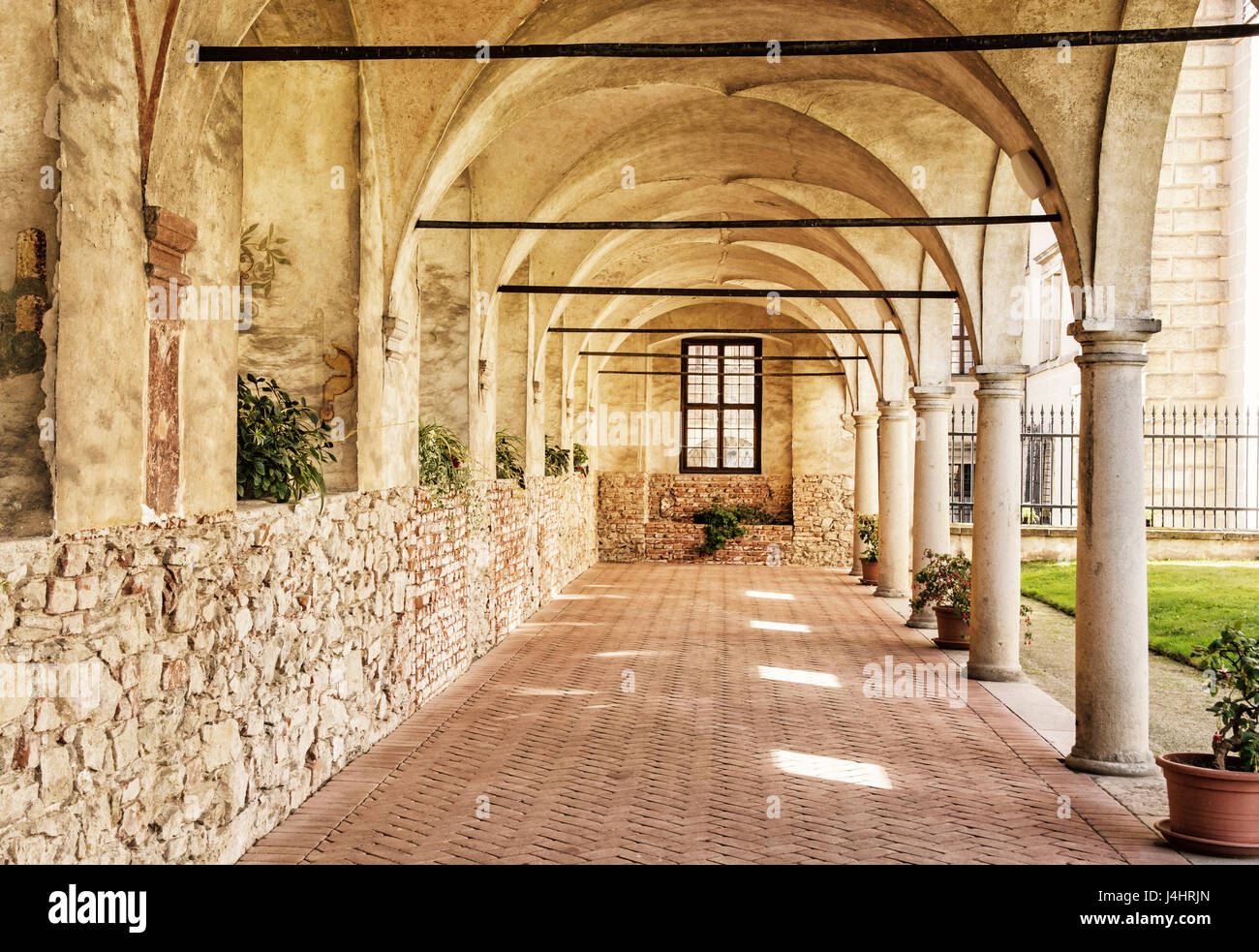Medieval arcade corridor at Telc castle, Czech republic. Architectural ...