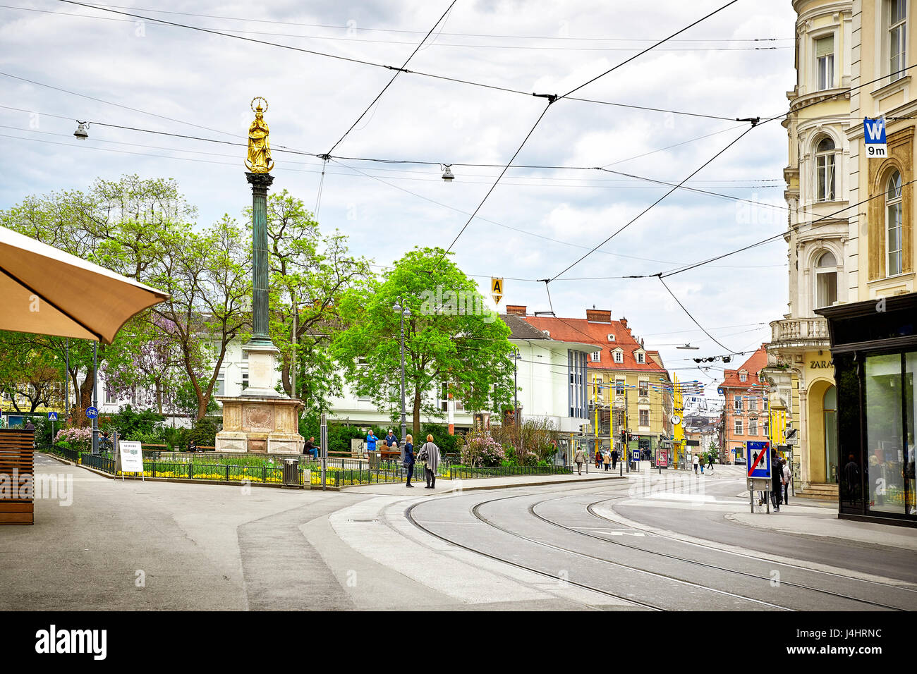 Graz, Austria - MAY 7, 2017: Street view of Graz, monument Mariensäule ...