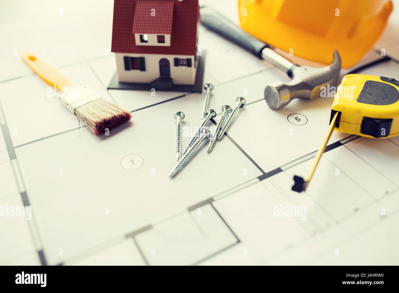 close up of house blueprint with building tools Stock Photo - Alamy