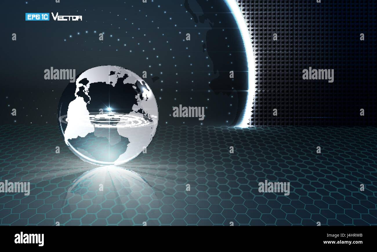 Abstract background with transparent sphere, with blue colors and glow ...