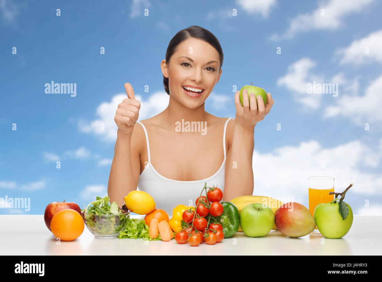 woman with fruits and vegetables showing thumbs up Stock Photo - Alamy