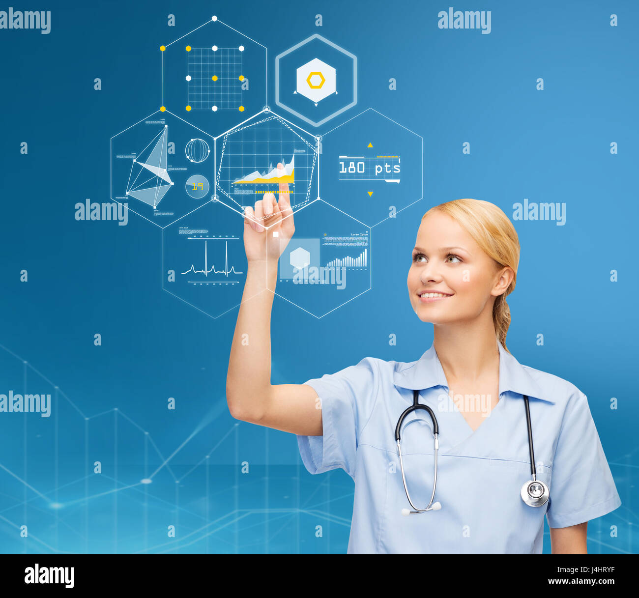 doctor pointing finger to virtual chart over blue Stock Photo - Alamy