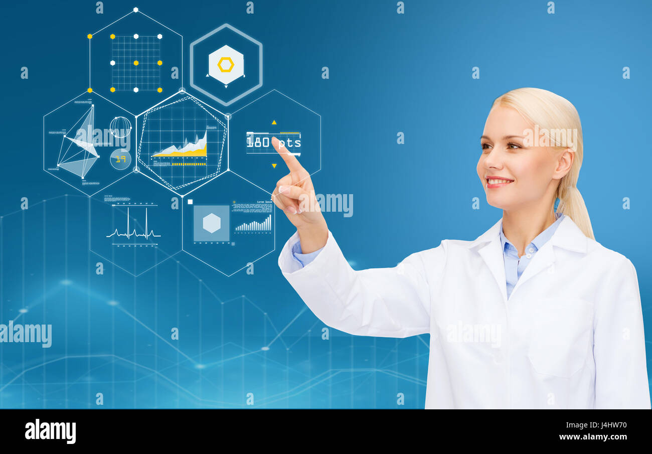doctor pointing finger to virtual chart over blue Stock Photo - Alamy