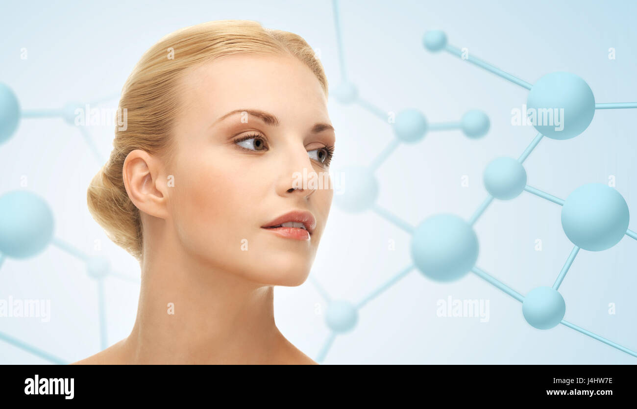 beautiful young woman face with molecules Stock Photo - Alamy