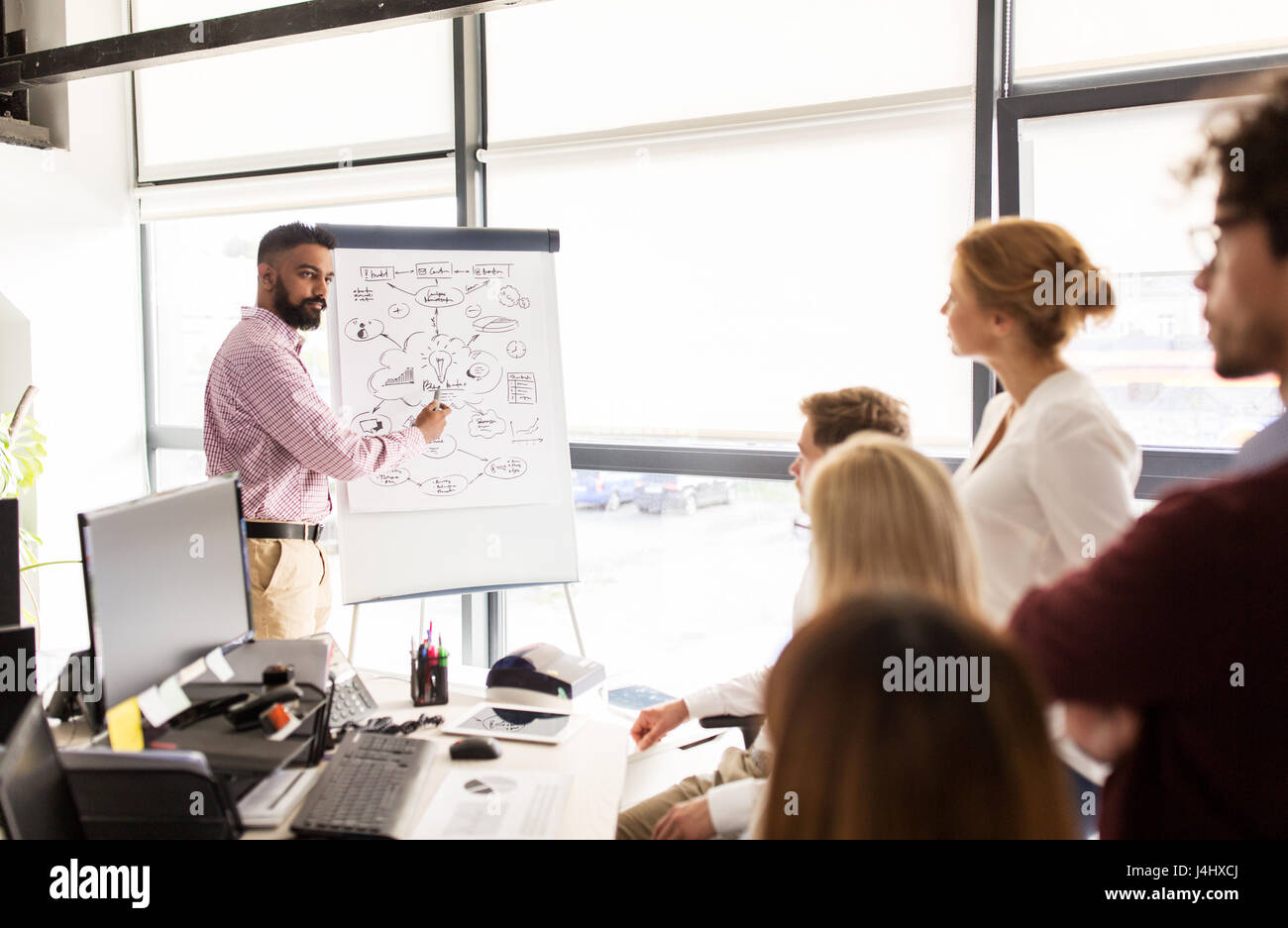 business team with scheme on flipboard at office Stock Photo - Alamy