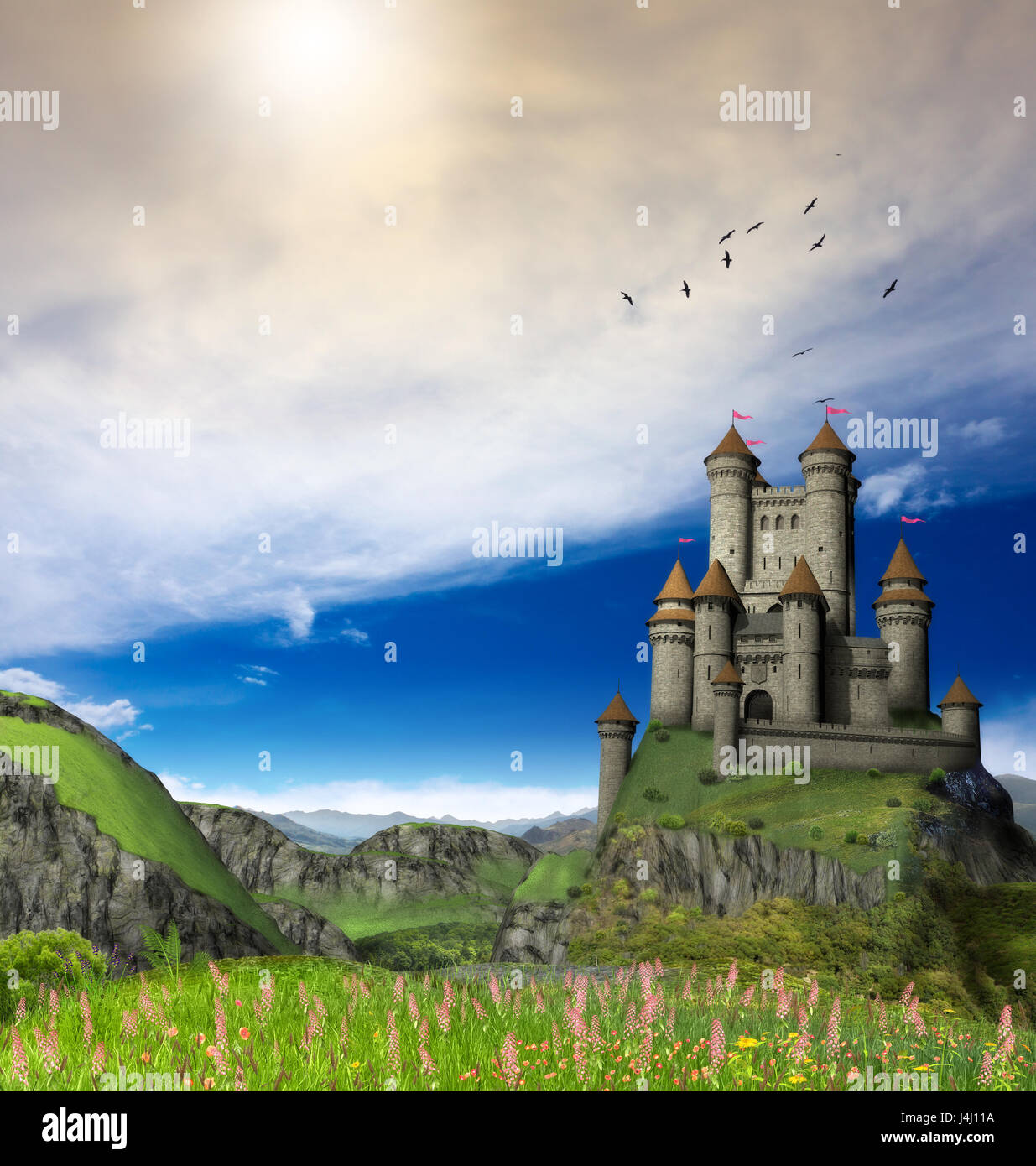 3D illustration of a massive fantasy castle on a hill in a beautiful ...