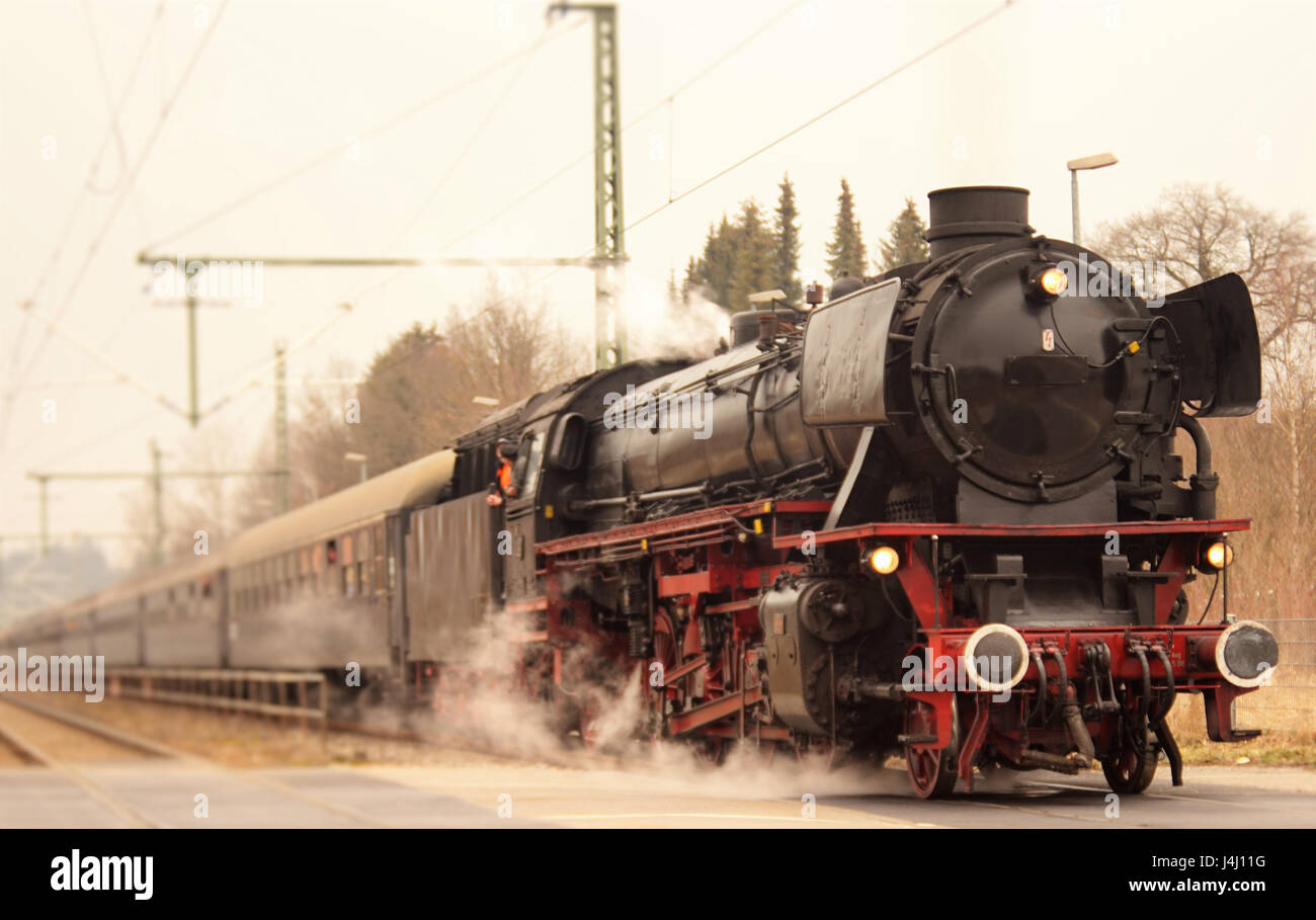 vintage black steam powered railway train Stock Photo - Alamy