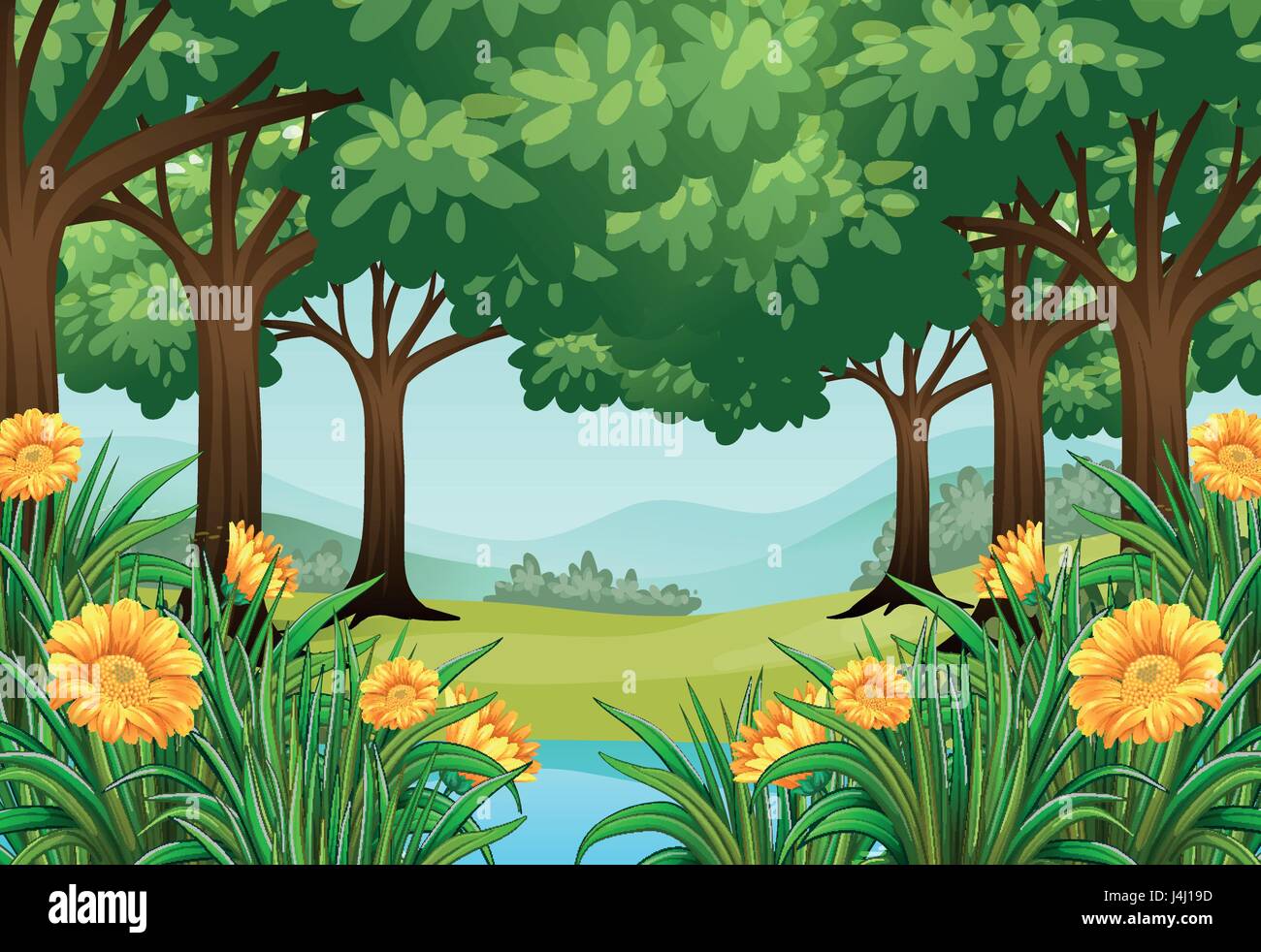Forest scene with flowers and pond illustration Stock Vector Image ...