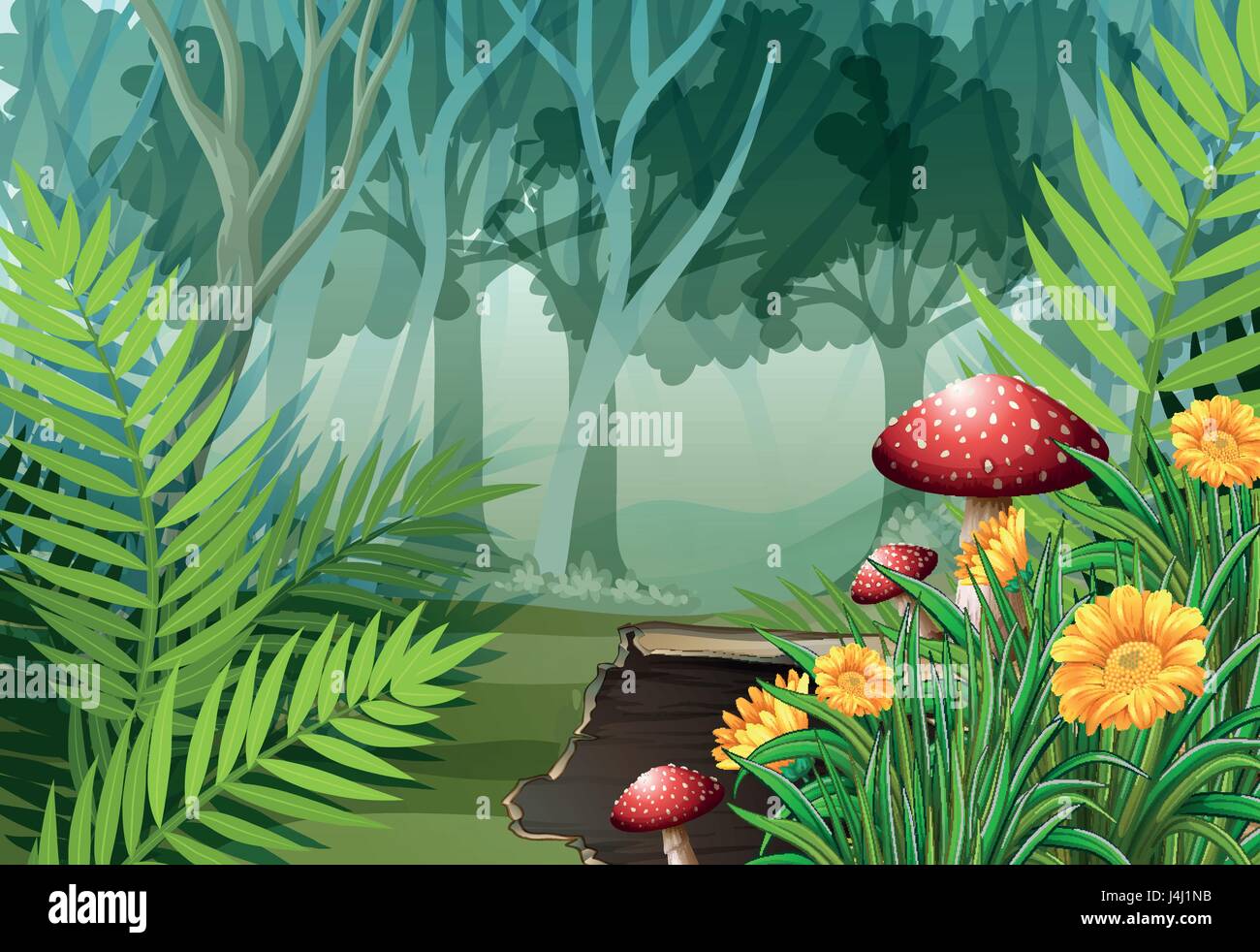 Forest scene with trees and flowers illustration Stock Vector Image ...