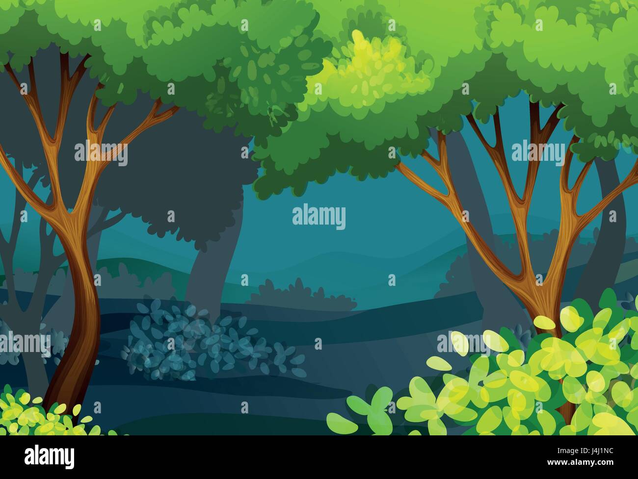 Forest scene with trees and bush illustration Stock Vector Image & Art ...