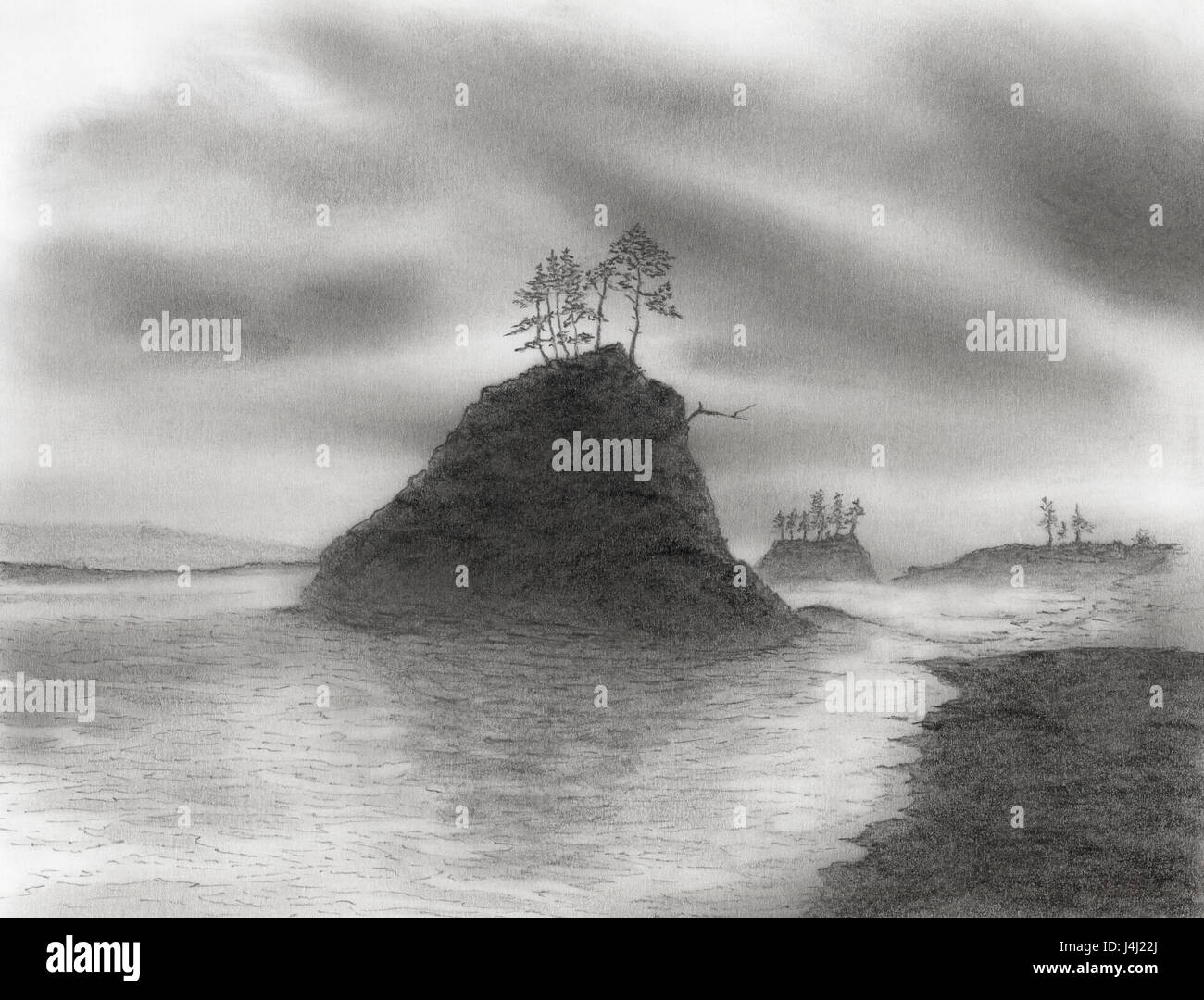 Peak with trees over sea bay with cloudy sky. Graphite pencil on paper ...