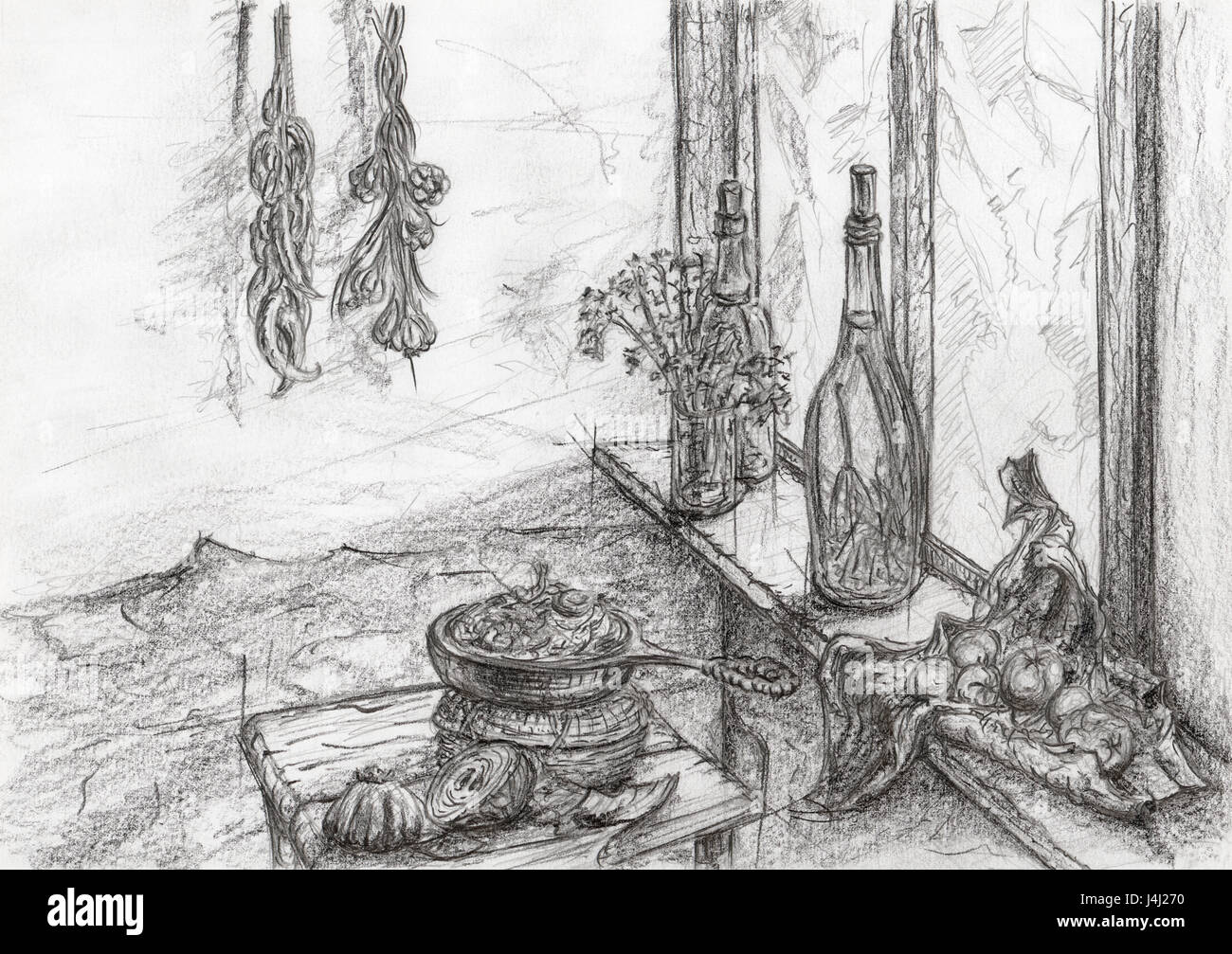 Food items inside kitchen. Graphite pencil on paper Stock Photo - Alamy