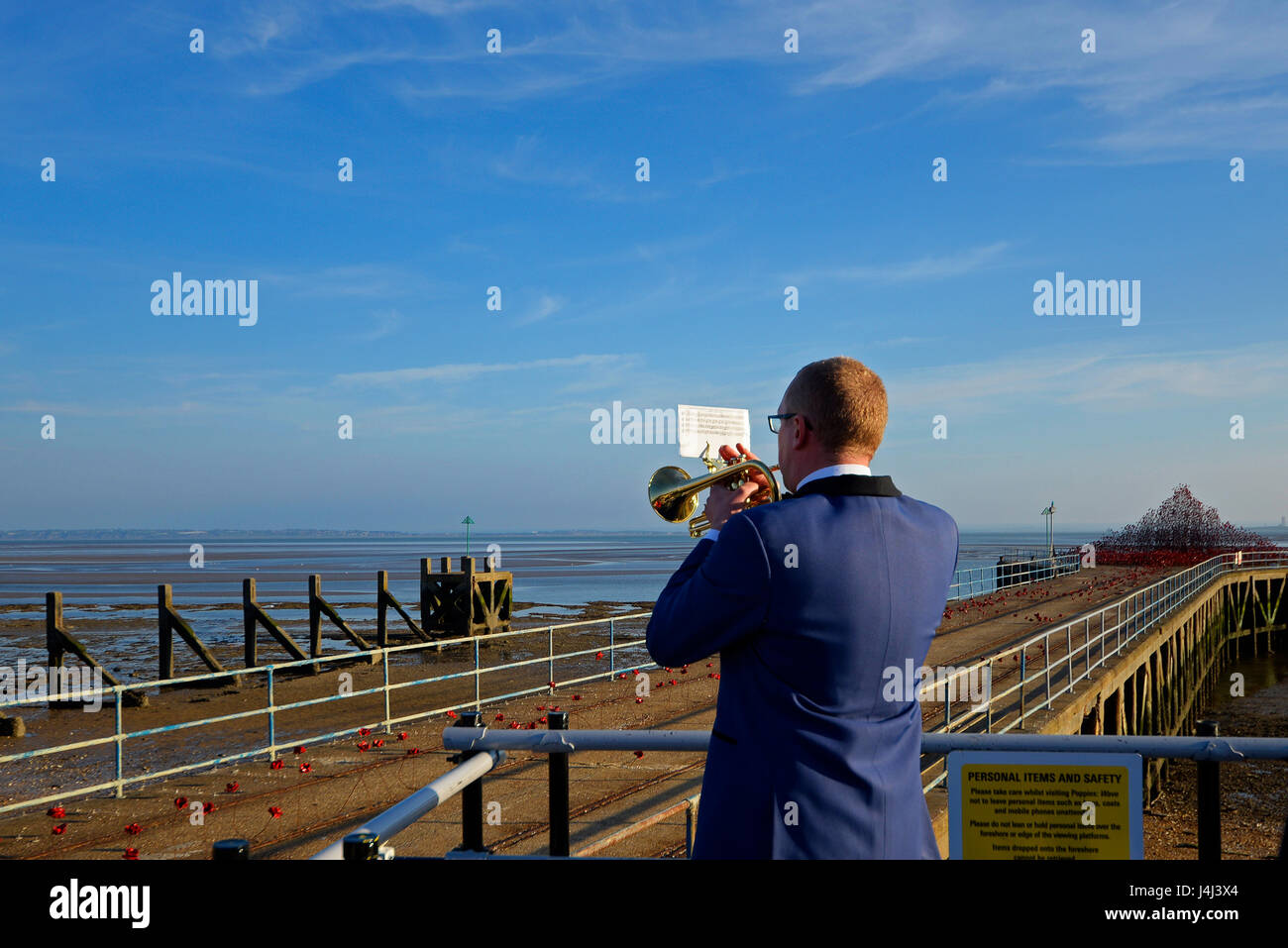 Bugler playing the Last Post by the Poppies Wave, part of the Blood ...