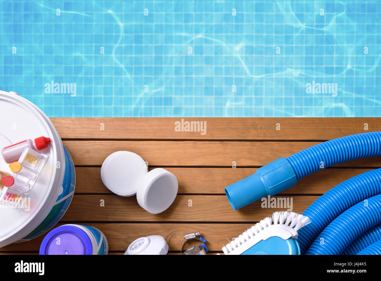 Chemical products and tools for the maintenance of the pool on wooden ...