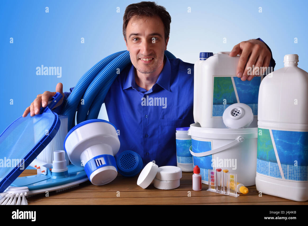 Swimming pool maintenance commercial with chemical cleaning products ...