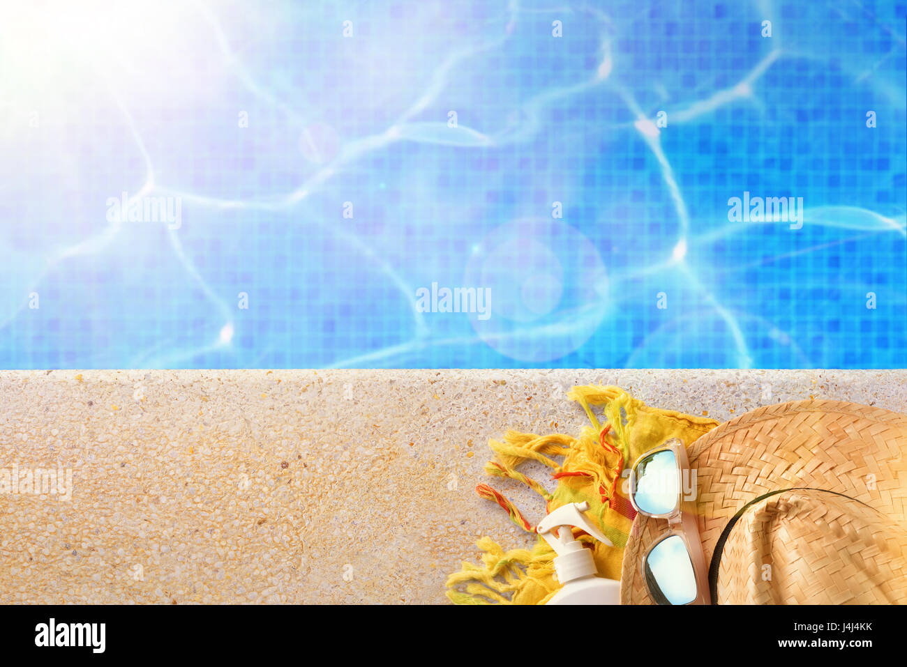 Vacation pool concept with stone slab, water and with female pool ...