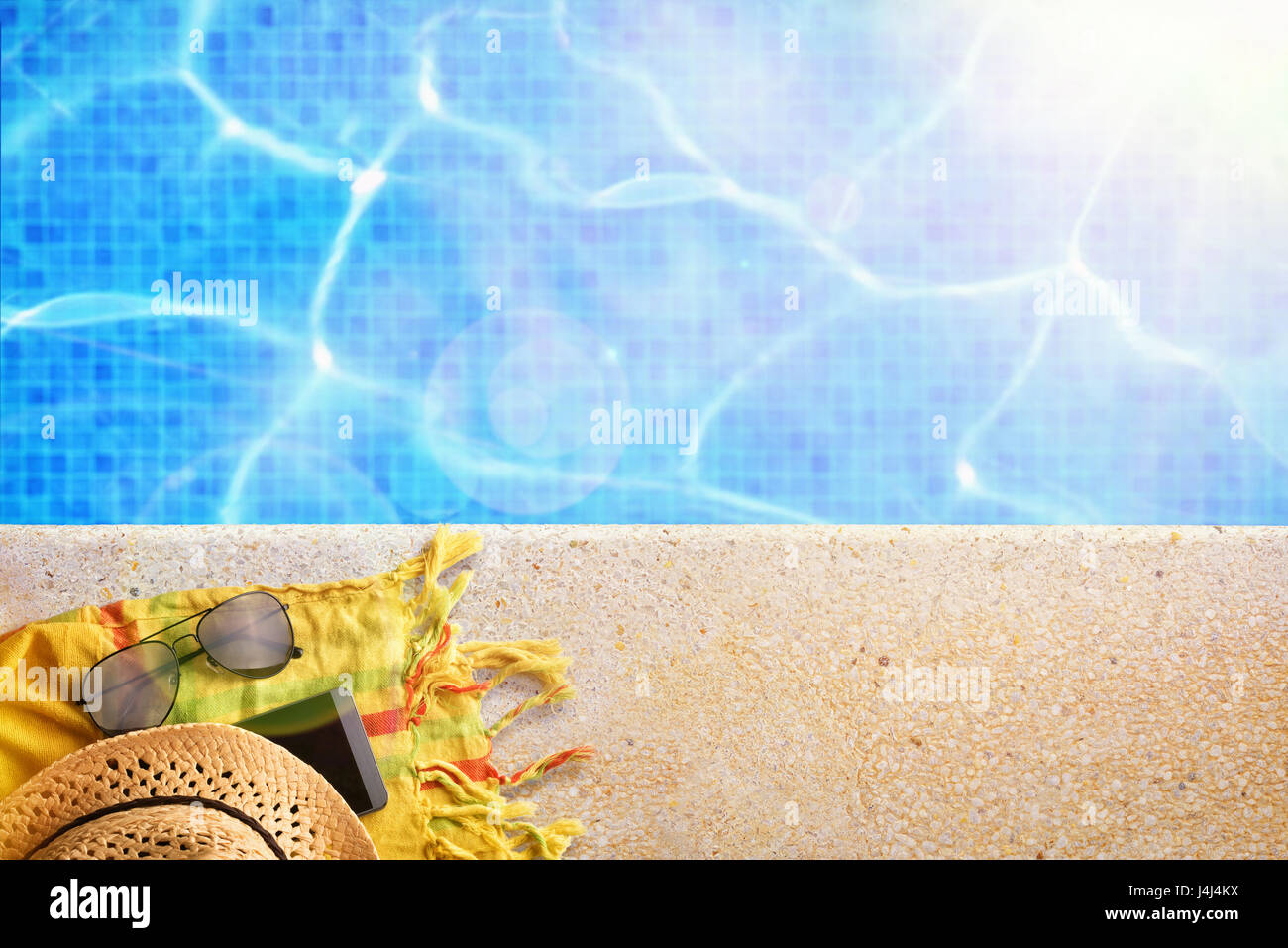 Vacation pool concept with stone slab, water and with male pool objects ...