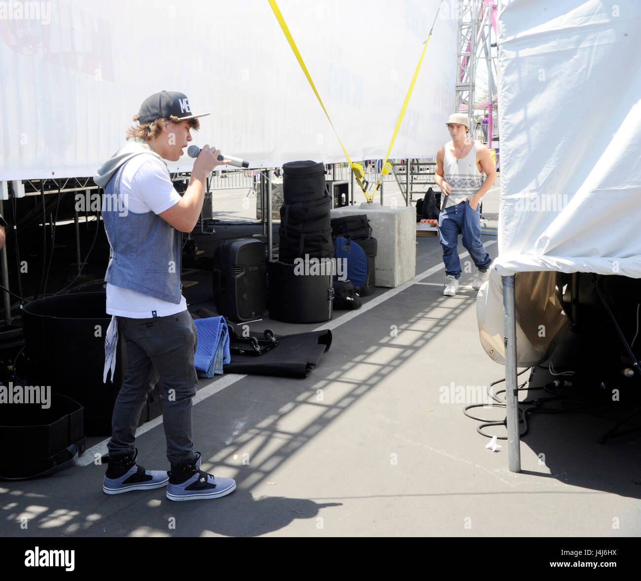 (L-R) Keaton Stromberg and Wesley Stromberg of Emblem 3 backstage at ...