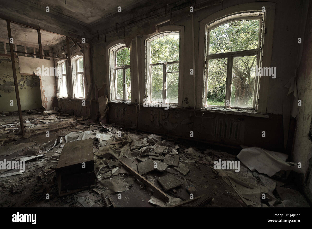 Large destroyed hall in a kindergarten in Chernobyl: garbage on the ...