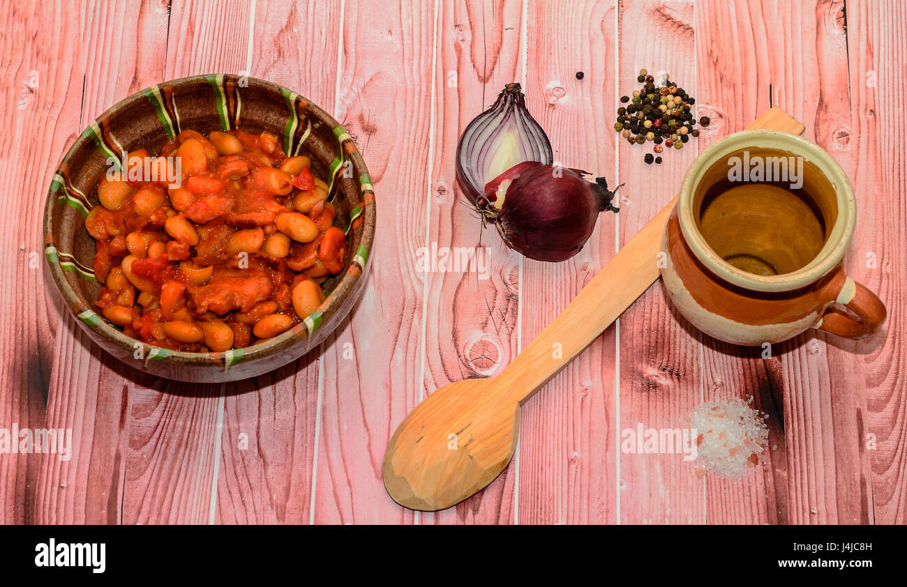 Romanian traditional food, beans with smoked pork (fasole cu ciolan ...