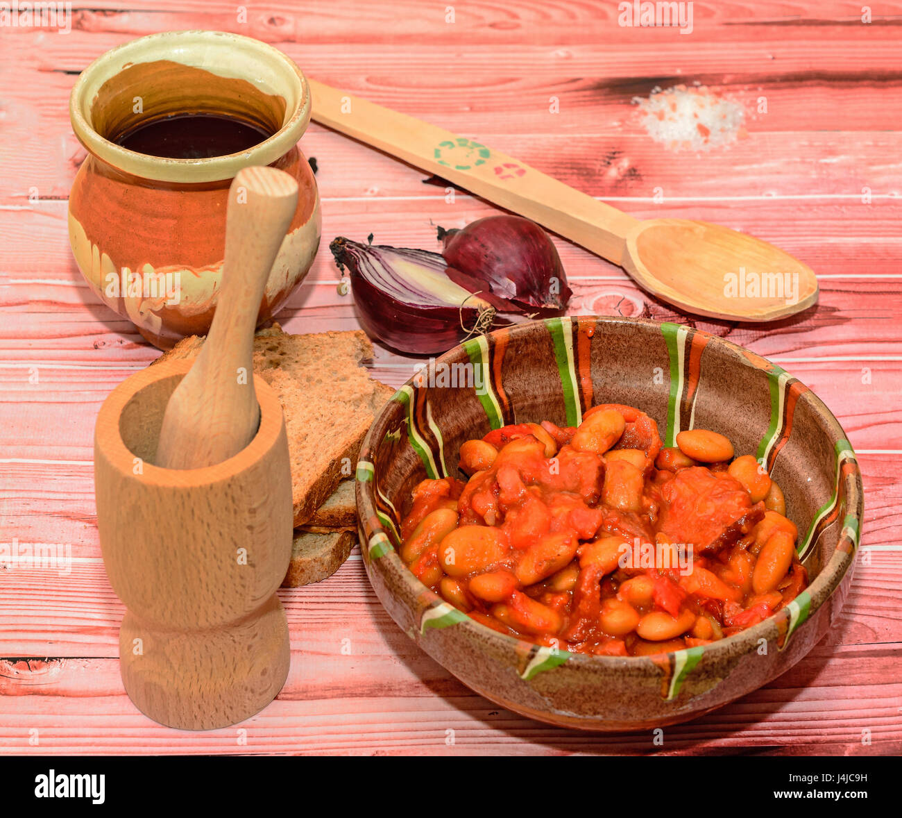 Romanian traditional food, beans with smoked pork (fasole cu ciolan ...