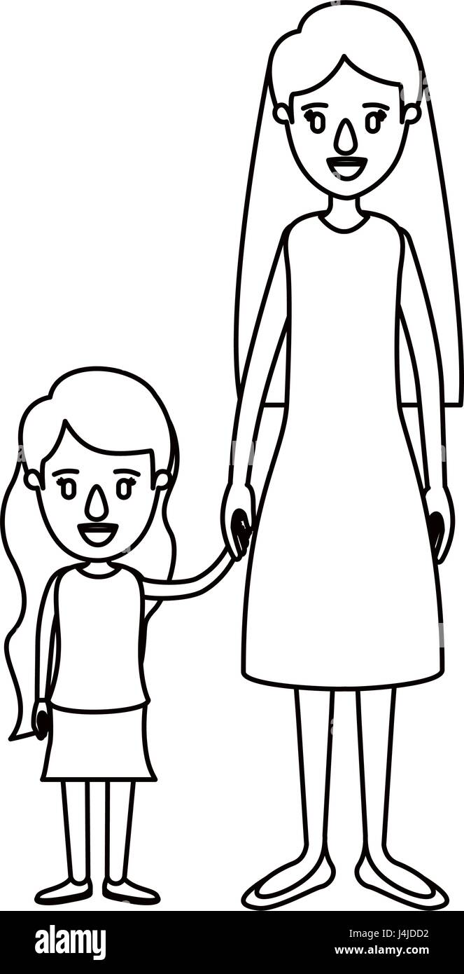 silhouette caricature full body mother taken hand with girl Stock ...