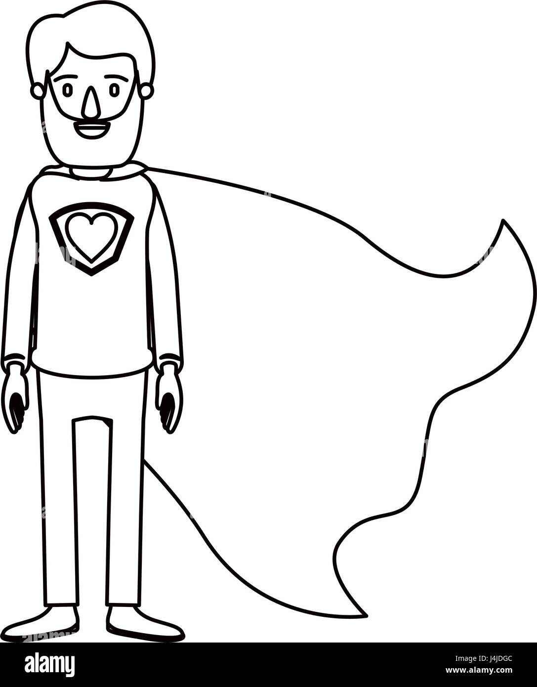 silhouette cartoon full body bearded super man hero with heart symbol ...