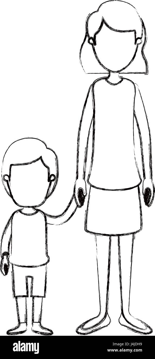 blurred silhouette cartoon full body faceless mother taken hand with ...