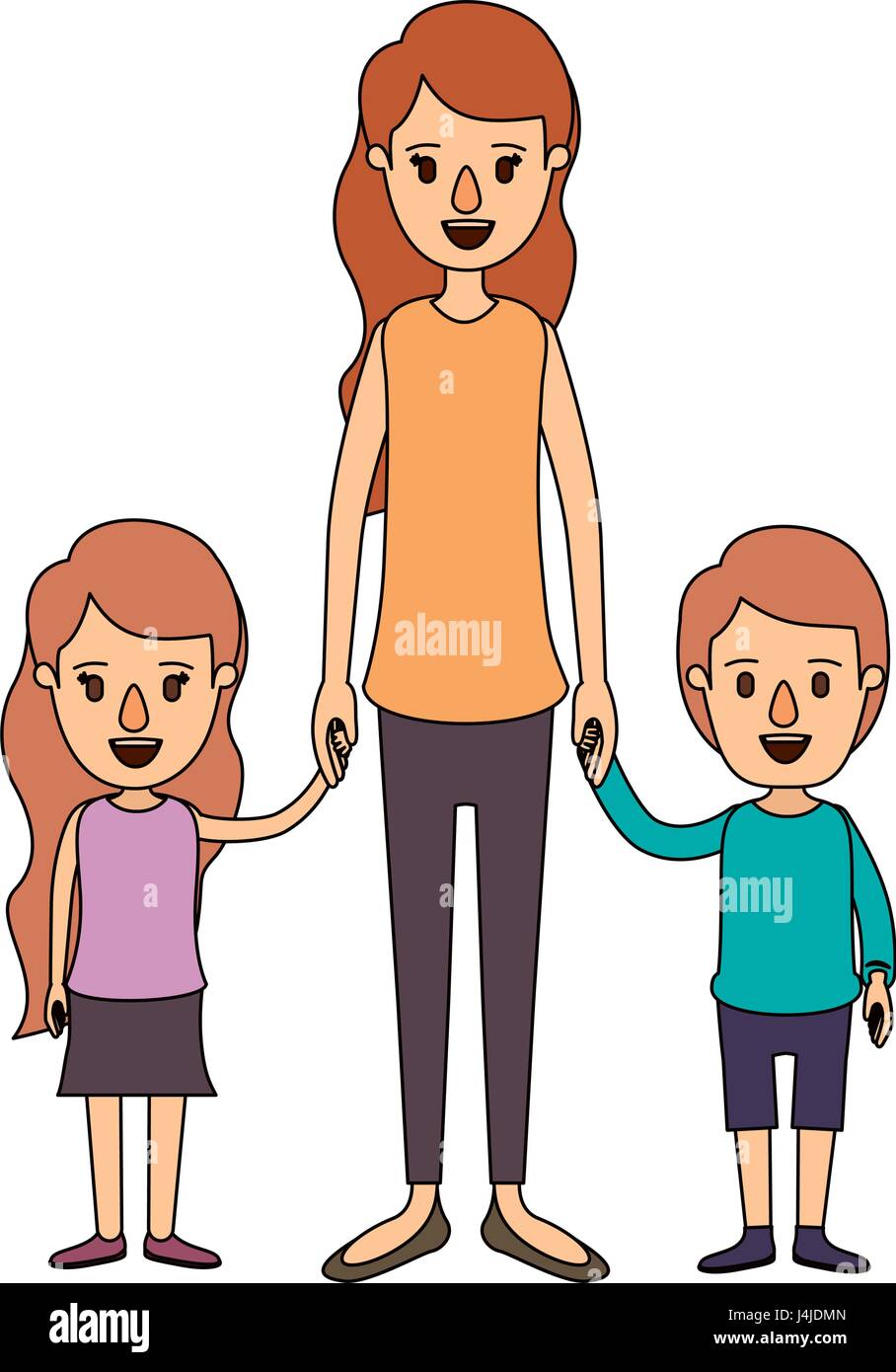 color image caricature full body mother taken hand with girl and boy ...