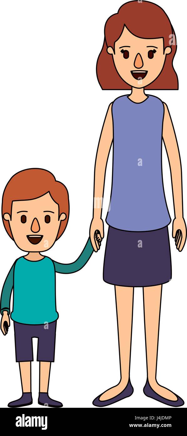 color image caricature full body mother taken hand with boy Stock ...