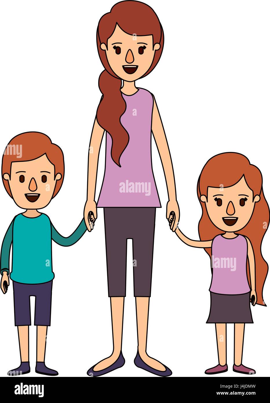 color image caricature full body mother taken hand with children Stock ...