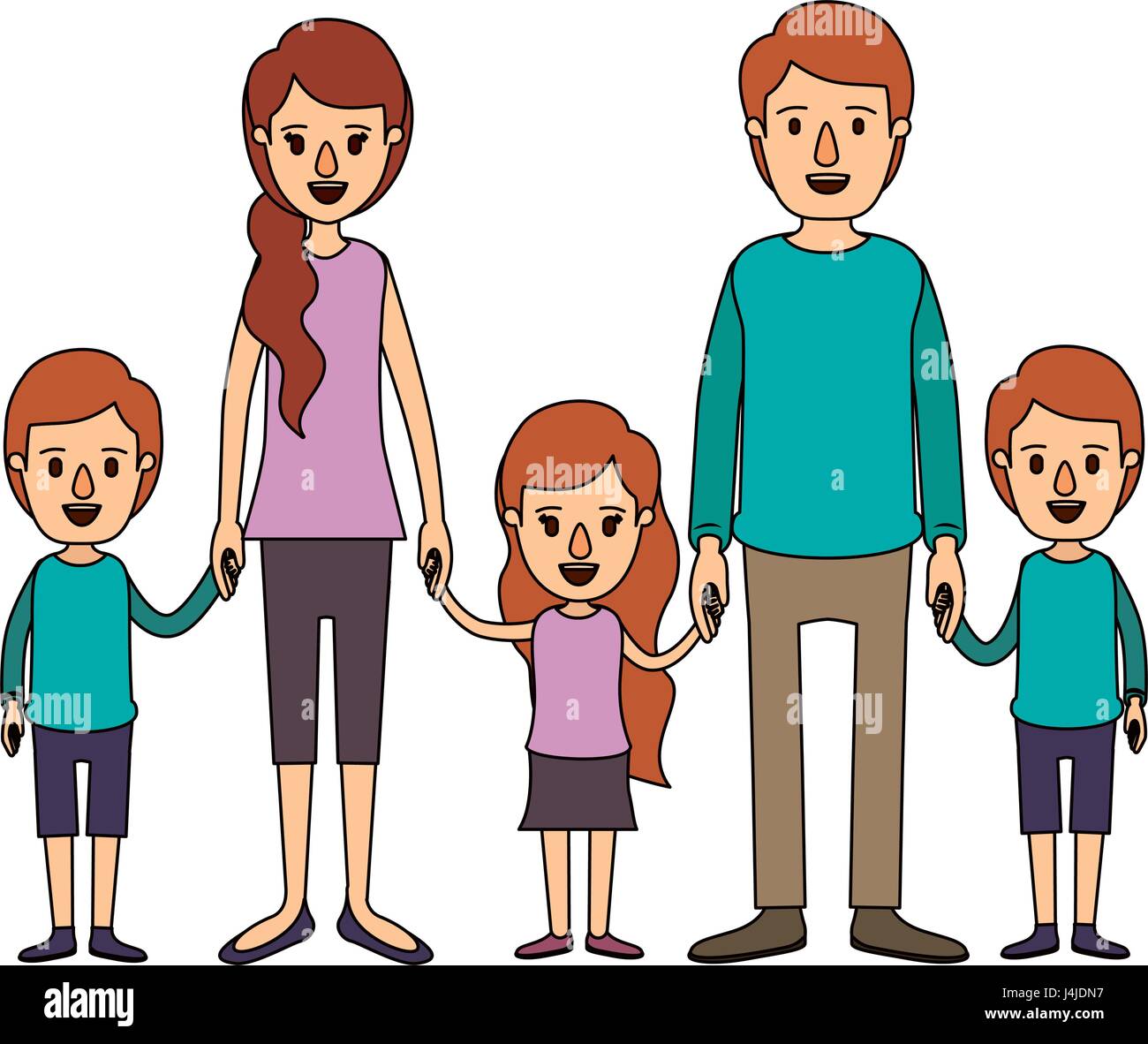 color image caricature family with young parents and little kids taken ...