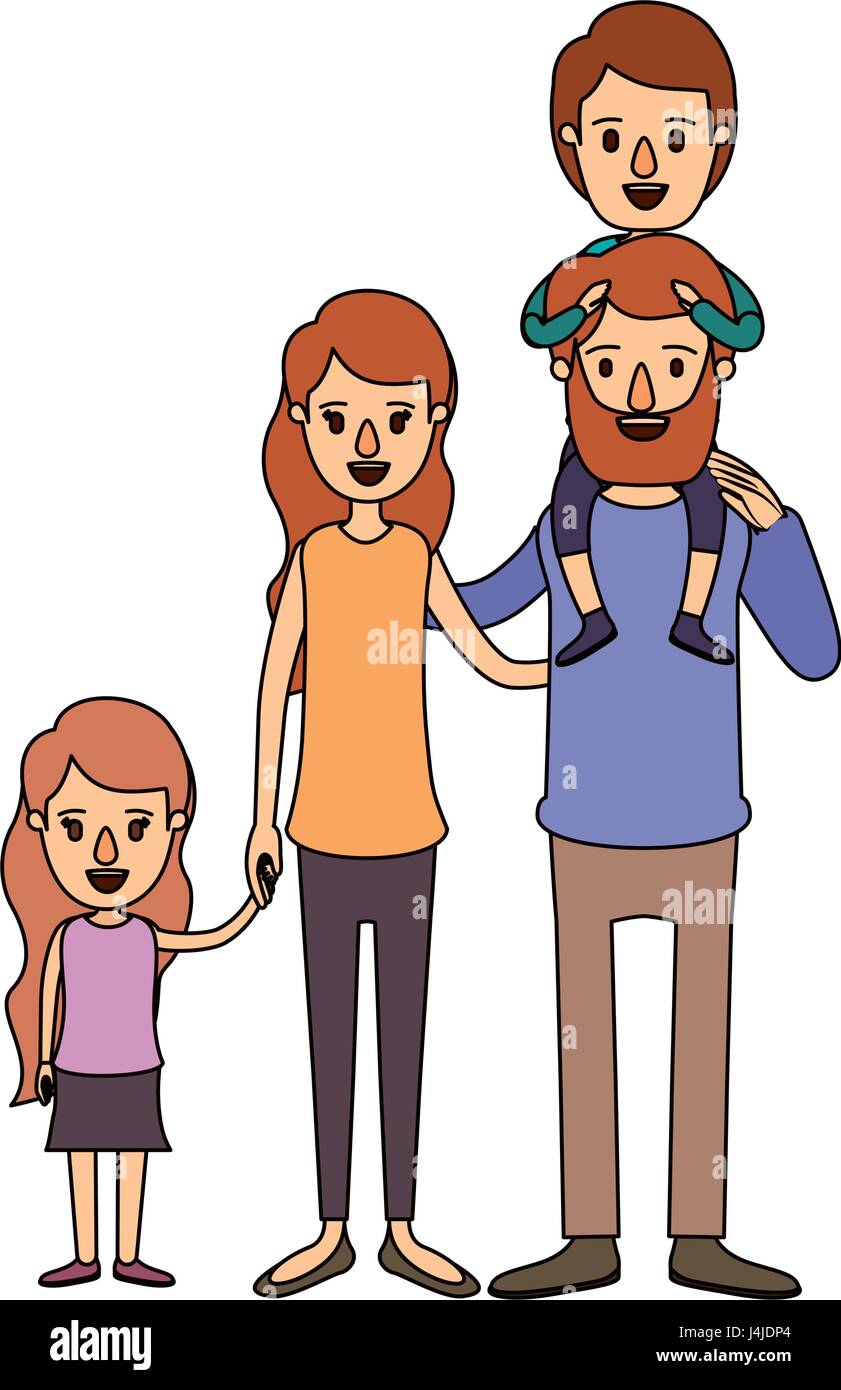 color image caricature big family parents with boy on his back and ...