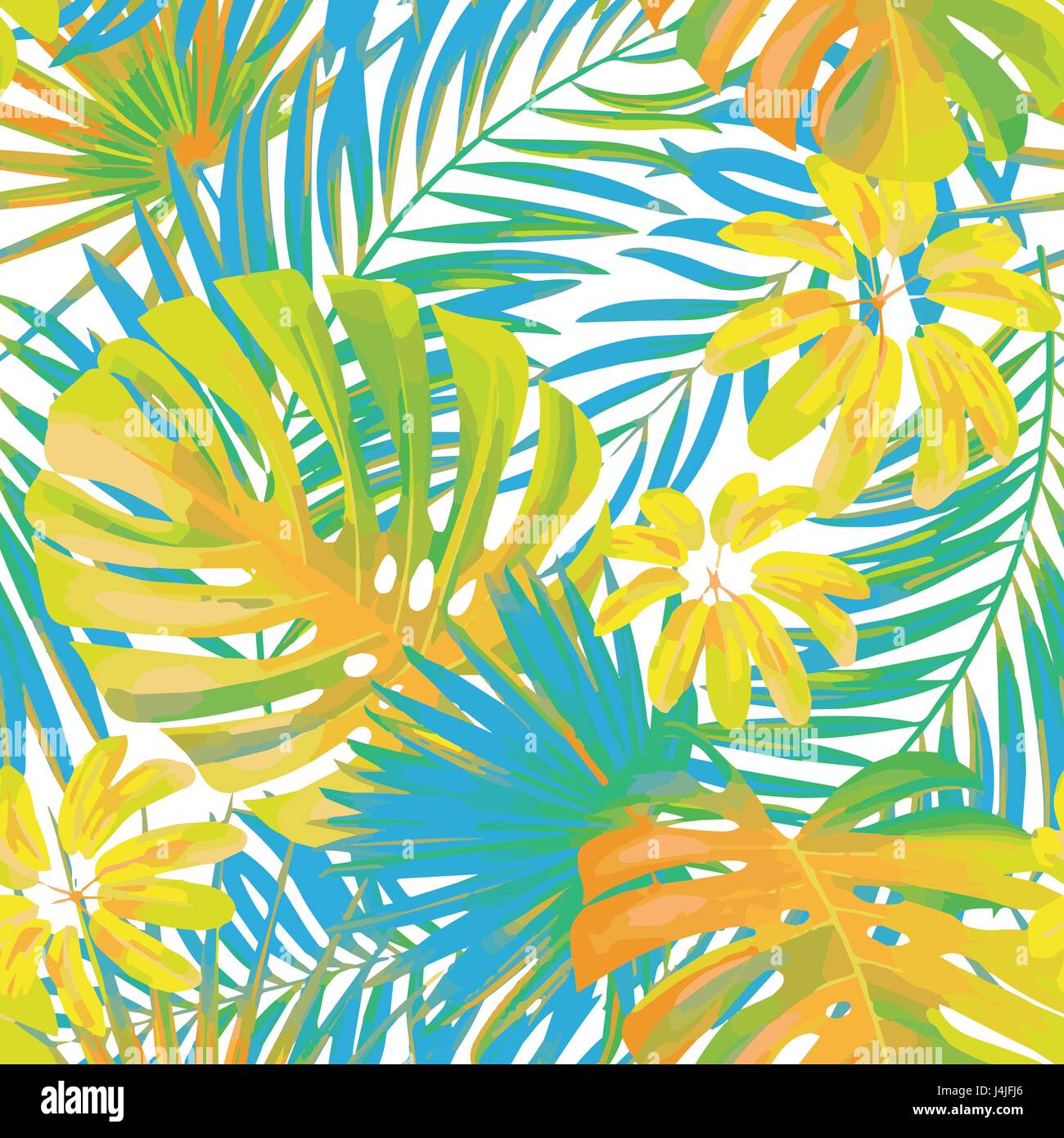 Summer exotic floral tropical palm, monstera leaves in yellow and blue ...