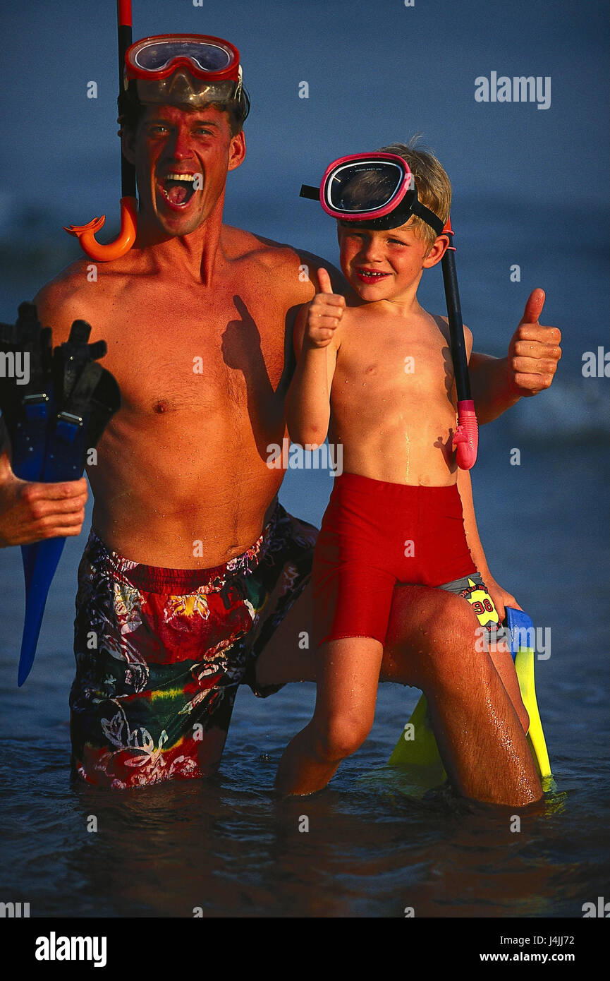 Sea, father, son, gesture, okay, snorkel equipment outside, vacation ...
