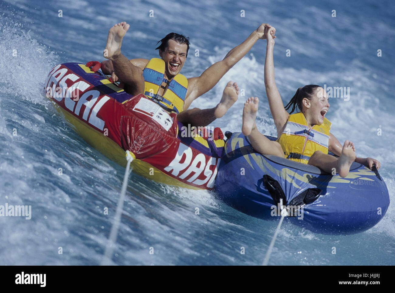 Water, motorboat, drags, couple, flexible tubing, hand, hold fun, tyre ...