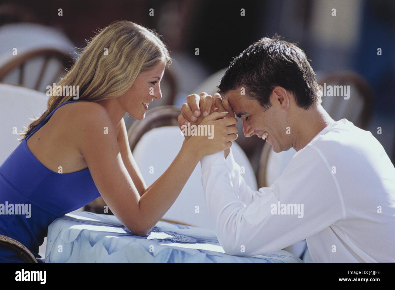 Street cafe, couple, happily, detail, touch, hands, flirtation outside ...
