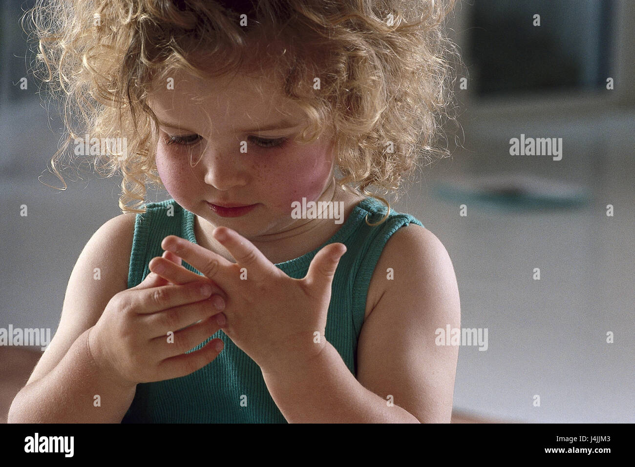 Child, girl, hand, look, portrait inside, at home, infant, blond, locks ...