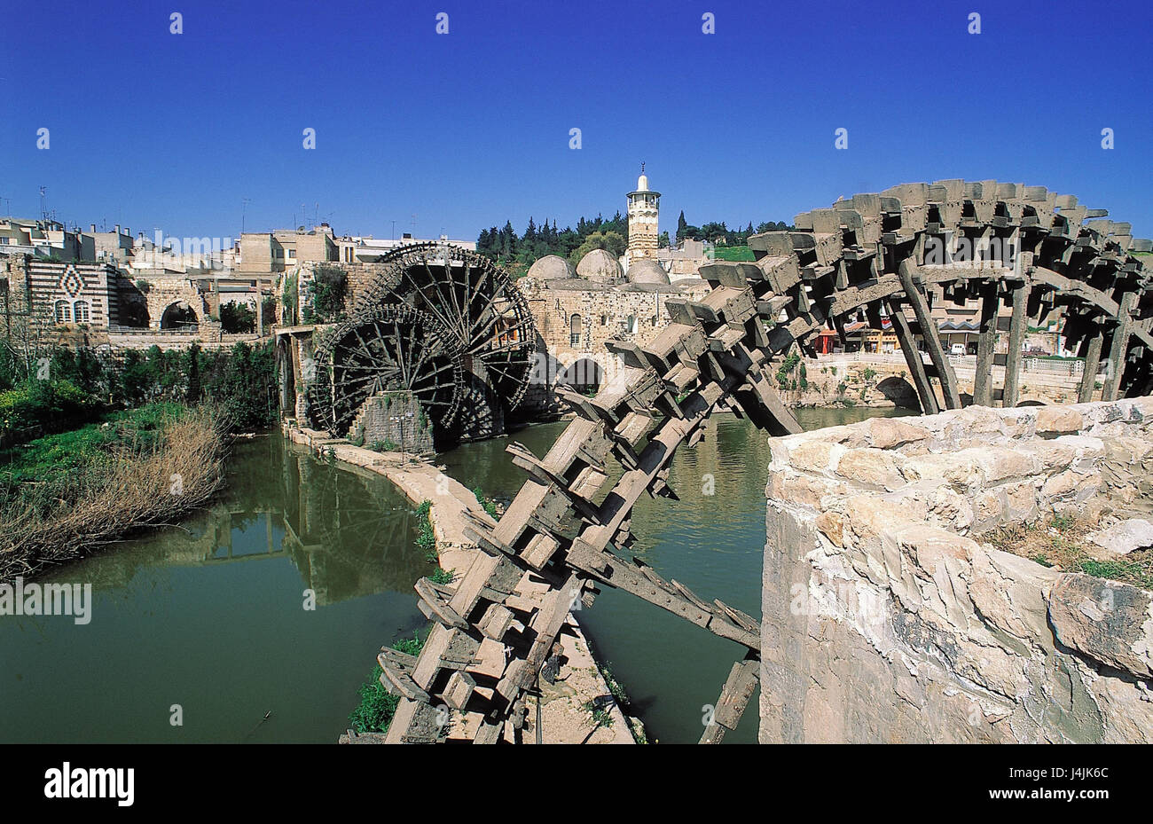 Syria, Hama, town view, Orontes, Wasserschöpfräder, 'Norias' Asia, the ...