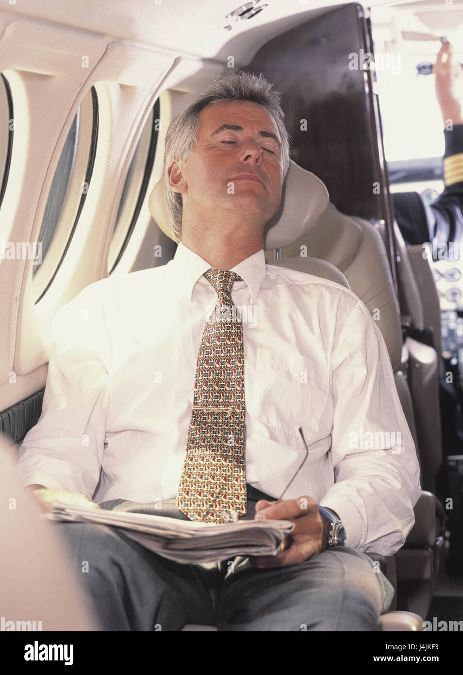 Airplane, man, middle old person, sit, sleep inside, fly, travel, rest ...