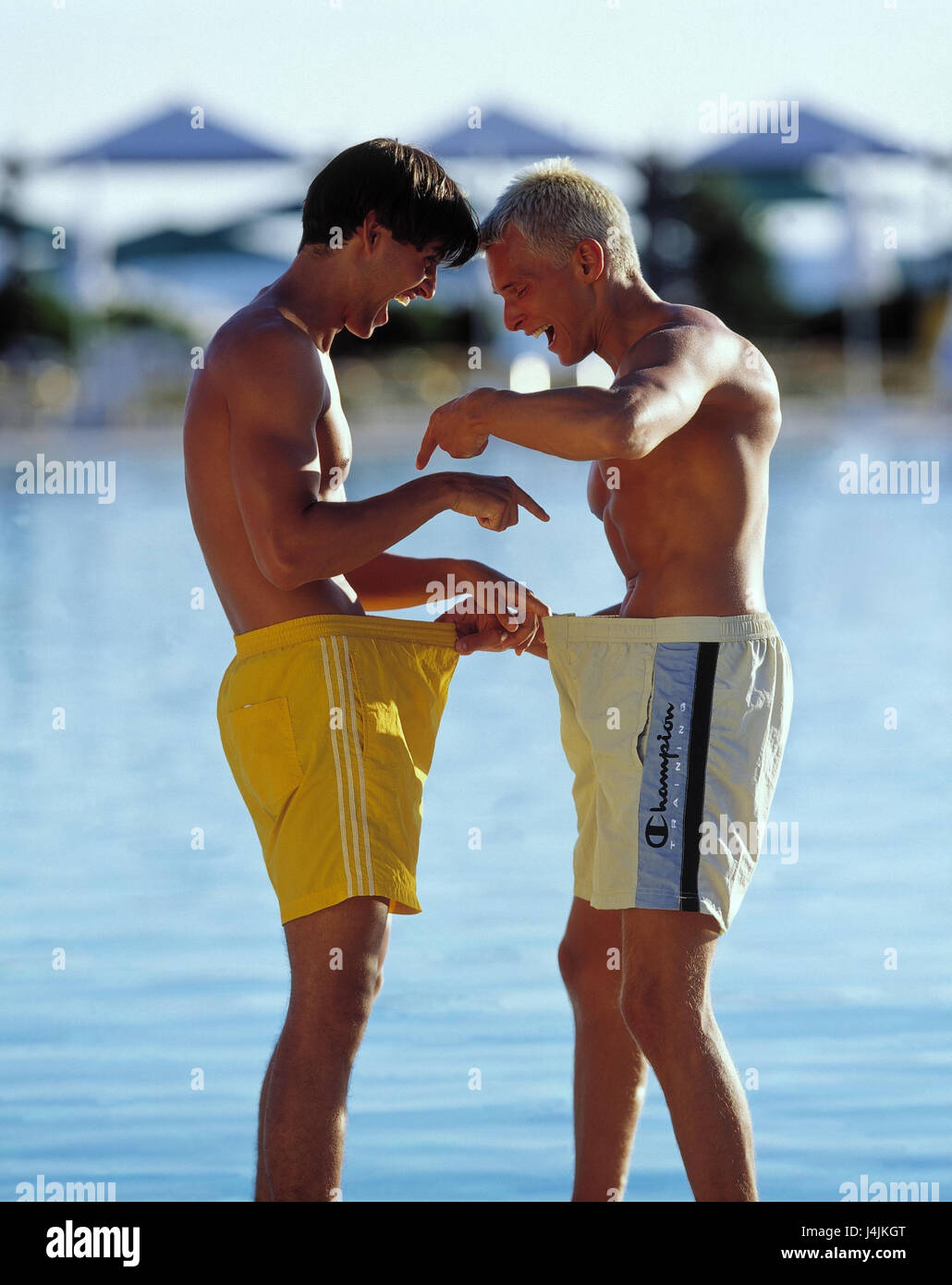 Vacation, swimming pool, teenager, boy, stand, laugh at cymbal margin ...