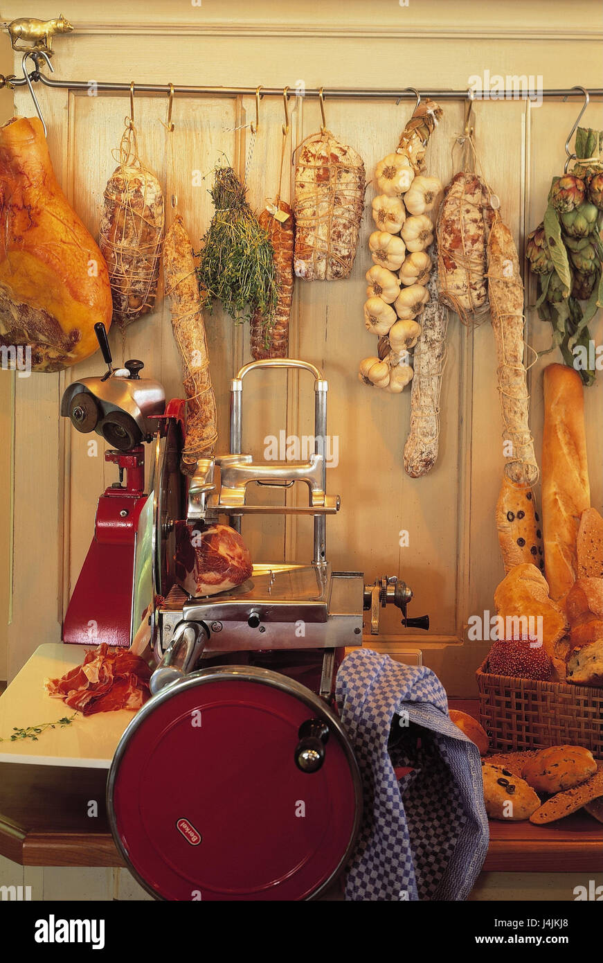 Specialities, Italian, sausages, ham, bread, food-slicer, mechanically ...