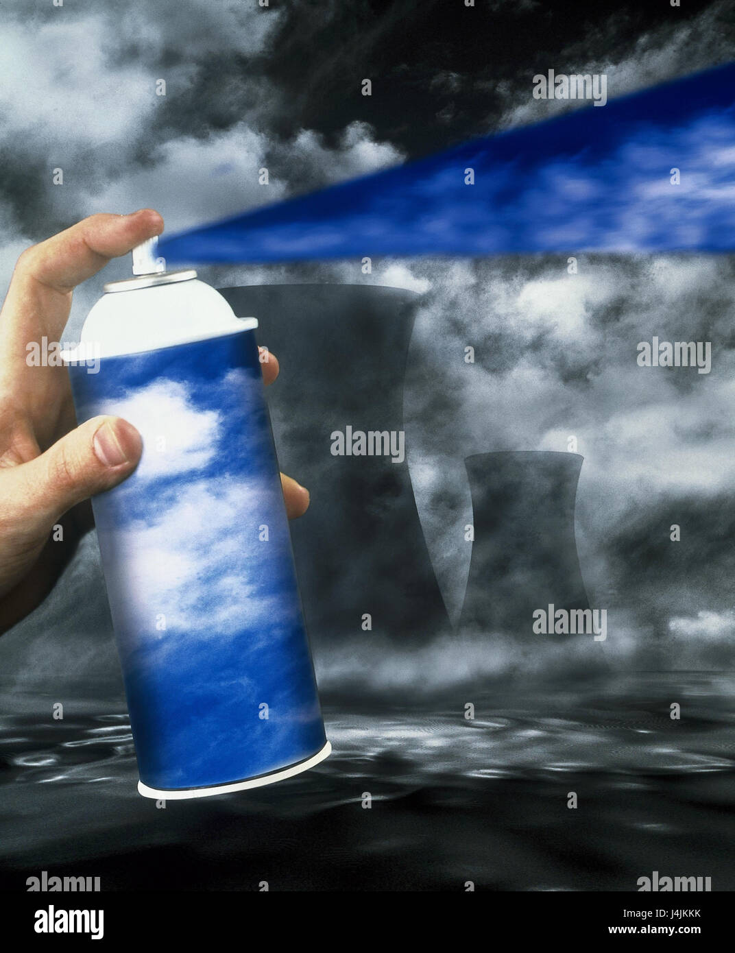 Composing, reactor towers, s/w, hand, spray can, cloudy sky, icon ...